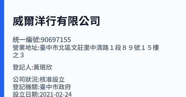 威爾洋行有限公司的照片-統編 90697155(臺中市) 公司登記資料與營業項目詳細圖表