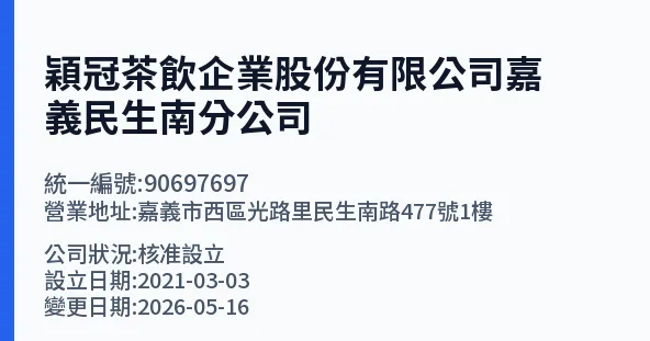 穎冠茶飲企業股份有限公司嘉義民生南分公司的照片-統編 90697697(嘉義市) 公司登記資料與營業項目詳細圖表