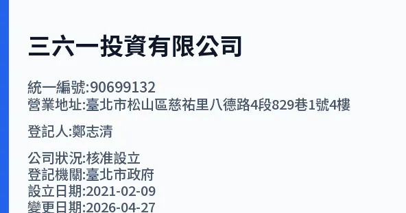 三六一投資有限公司的照片-統編 90699132(臺北市) 公司登記資料與營業項目詳細圖表