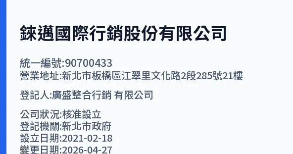 錸邁國際行銷股份有限公司的照片-統編 90700433(新北市) 公司登記資料與營業項目詳細圖表