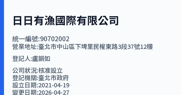 日日有漁國際有限公司的照片-統編 90702002(臺北市) 公司登記資料與營業項目詳細圖表
