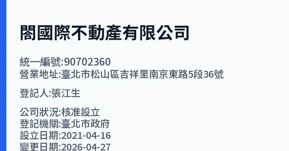 閤國際不動產有限公司的照片-統編 90702360(臺北市) 公司登記資料與營業項目詳細圖表