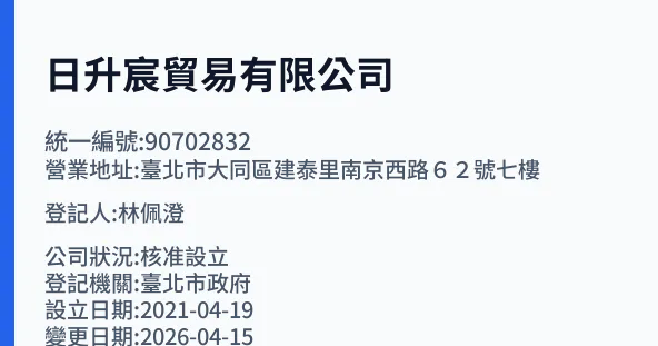 日升宸貿易有限公司的照片-統編 90702832(臺北市) 公司登記資料與營業項目詳細圖表