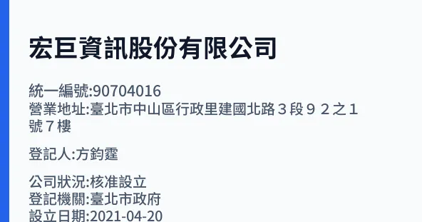 宏巨資訊股份有限公司的照片-統編 90704016(臺北市) 公司登記資料與營業項目詳細圖表