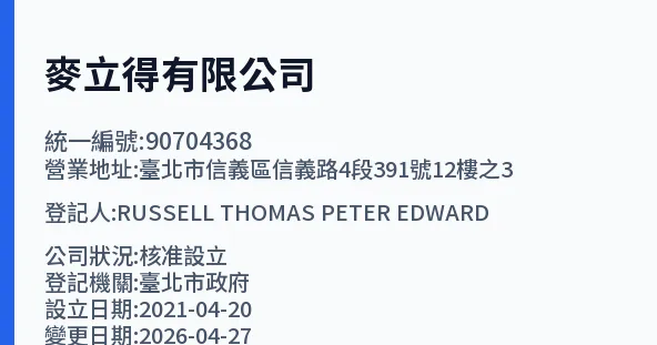 麥立得有限公司的照片-統編 90704368(臺北市) 公司登記資料與營業項目詳細圖表