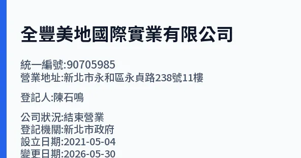 全豐美地國際實業有限公司的照片-統編 90705985(新北市) 公司登記資料與營業項目詳細圖表