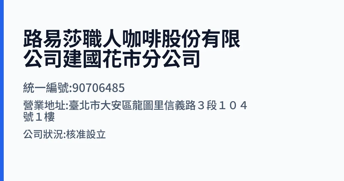 路易莎職人咖啡股份有限公司建國花市分公司 - 統編 90706485(臺北市) 公司登記資料與營業項目詳細圖表