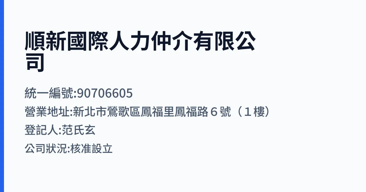 順新國際人力仲介有限公司 - 統編 90706605(新北市) 公司登記資料與營業項目詳細圖表