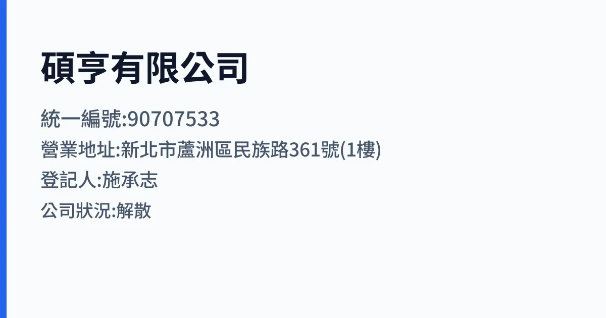 碩亨有限公司 - 統編 90707533(新北市) 公司登記資料與營業項目詳細圖表
