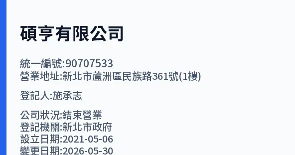碩亨有限公司的照片-統編 90707533(新北市) 公司登記資料與營業項目詳細圖表