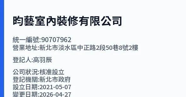昀藝室內裝修有限公司的照片-統編 90707962(新北市) 公司登記資料與營業項目詳細圖表
