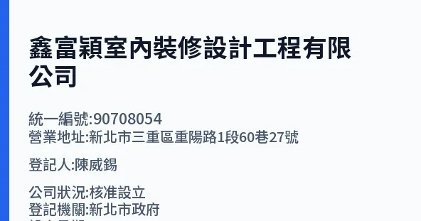 鑫富穎室內裝修設計工程有限公司的照片-統編 90708054(新北市) 公司登記資料與營業項目詳細圖表