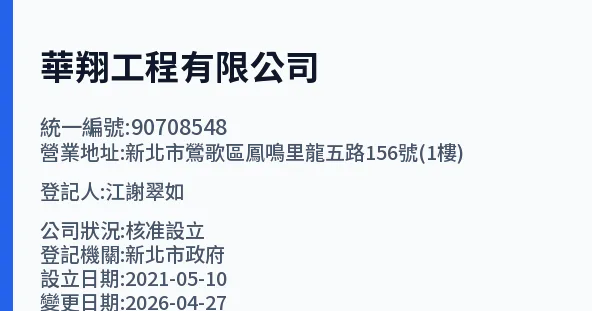 華翔工程有限公司的照片-統編 90708548(新北市) 公司登記資料與營業項目詳細圖表