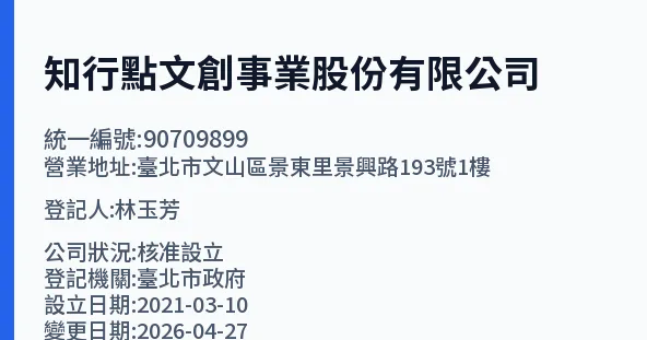 知行點文創事業股份有限公司的照片-統編 90709899(臺北市) 公司登記資料與營業項目詳細圖表