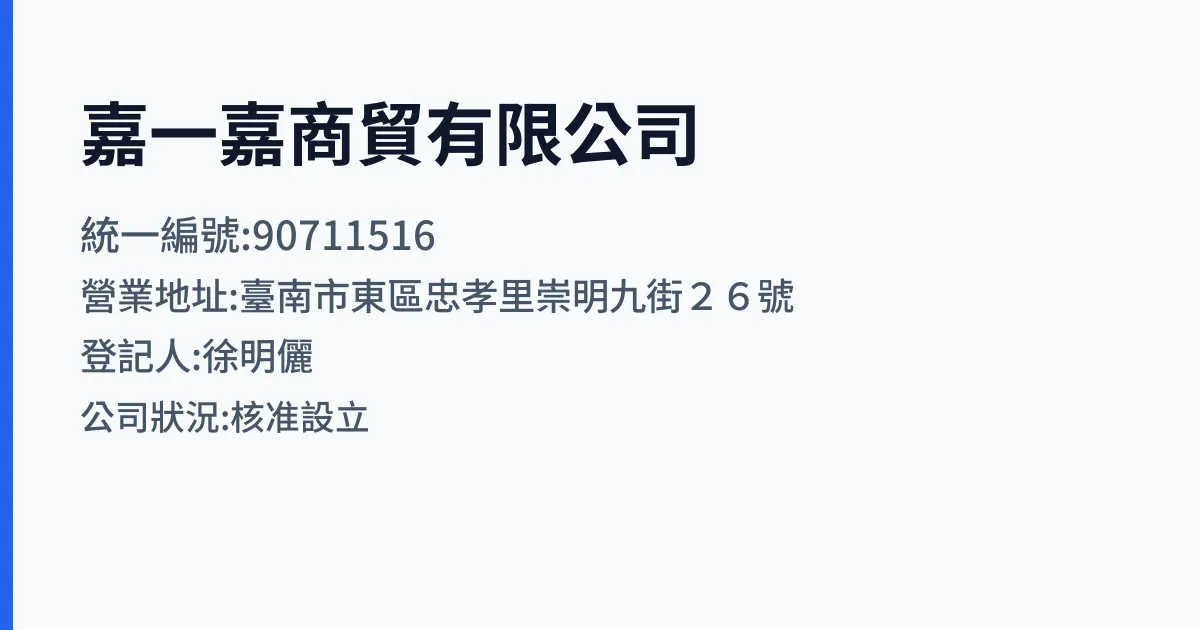 嘉一嘉商貿有限公司 - 統編 90711516(臺南市) 公司登記資料與營業項目詳細圖表