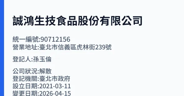 誠鴻生技食品股份有限公司的照片-統編 90712156(臺北市) 公司登記資料與營業項目詳細圖表
