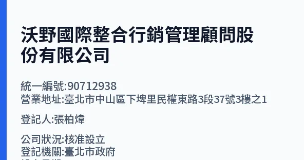 沃野國際整合行銷管理顧問股份有限公司的照片-統編 90712938(臺北市) 公司登記資料與營業項目詳細圖表