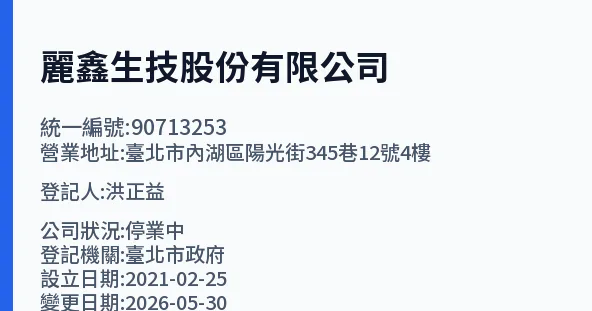麗鑫生技股份有限公司的照片-統編 90713253(臺北市) 公司登記資料與營業項目詳細圖表