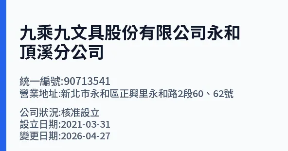 九乘九文具股份有限公司永和頂溪分公司的照片-統編 90713541(新北市) 公司登記資料與營業項目詳細圖表