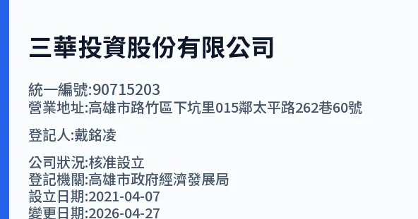 三華投資股份有限公司的照片-統編 90715203(高雄市) 公司登記資料與營業項目詳細圖表