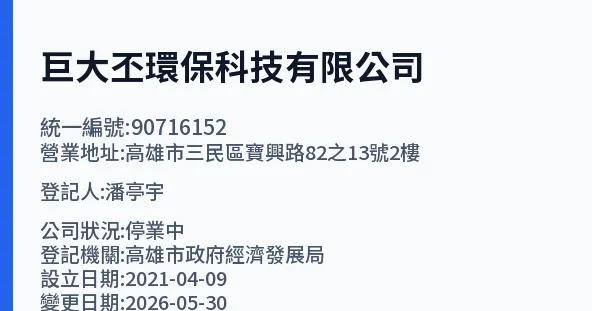 巨大丕環保科技有限公司的照片-統編 90716152(高雄市) 公司登記資料與營業項目詳細圖表