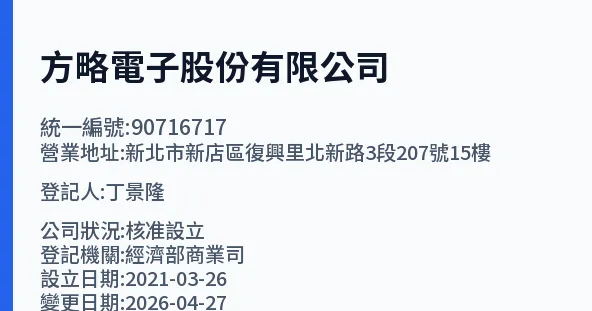 方略電子股份有限公司的照片-統編 90716717(新北市) 公司登記資料與營業項目詳細圖表