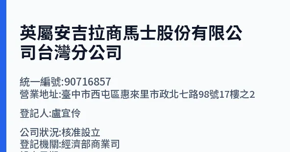英屬安吉拉商馬士股份有限公司台灣分公司的照片-統編 90716857(臺中市) 公司登記資料與營業項目詳細圖表