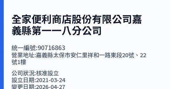 全家便利商店股份有限公司嘉義縣第一一八分公司的照片-統編 90716863(嘉義縣) 公司登記資料與營業項目詳細圖表