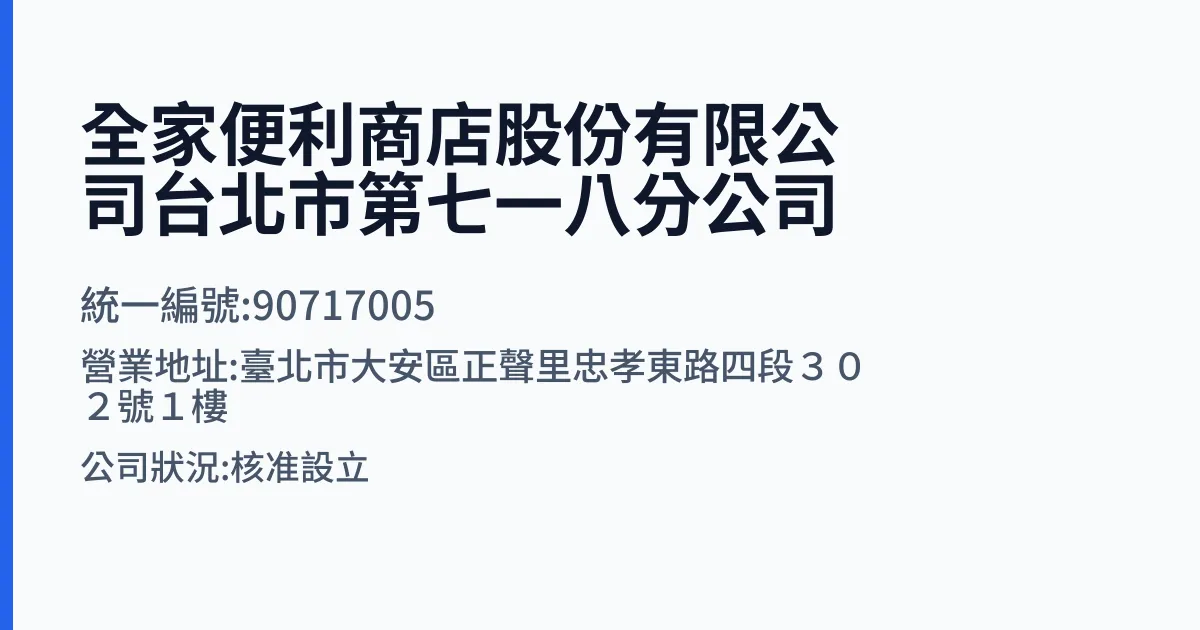 全家便利商店股份有限公司台北市第七一八分公司 - 統編 90717005(臺北市) 公司登記資料與營業項目詳細圖表