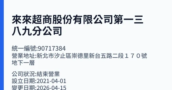 來來超商股份有限公司第一三八九分公司的照片-統編 90717384(新北市) 公司登記資料與營業項目詳細圖表