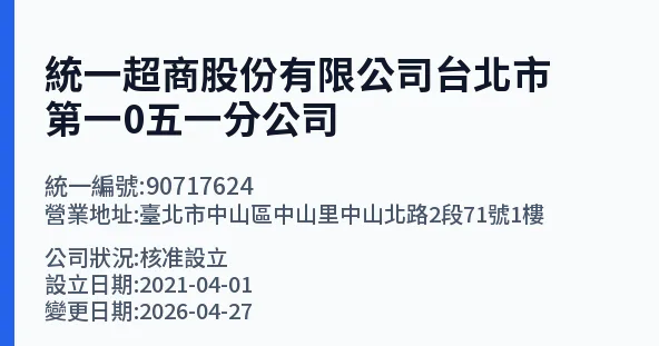 統一超商股份有限公司台北市第一0五一分公司的照片-統編 90717624(臺北市) 公司登記資料與營業項目詳細圖表
