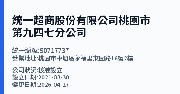 統一超商股份有限公司桃園市第九四七分公司的照片-統編 90717737(桃園市) 公司登記資料與營業項目詳細圖表