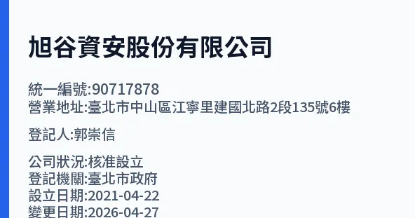 旭谷資安股份有限公司的照片-統編 90717878(臺北市) 公司登記資料與營業項目詳細圖表