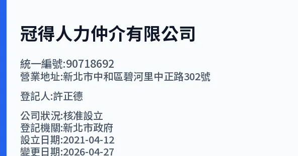 冠得人力仲介有限公司的照片-統編 90718692(新北市) 公司登記資料與營業項目詳細圖表