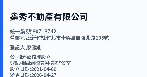 鑫秀不動產有限公司的照片-統編 90718742(新竹縣) 公司登記資料與營業項目詳細圖表