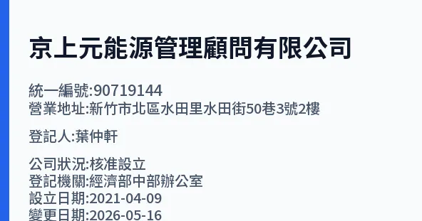 京上元能源管理顧問有限公司的照片-統編 90719144(新竹市) 公司登記資料與營業項目詳細圖表