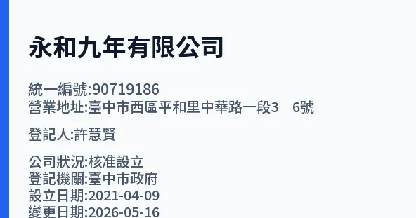 永和九年有限公司的照片-統編 90719186(臺中市) 公司登記資料與營業項目詳細圖表