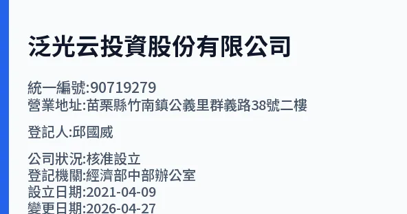 泛光云投資股份有限公司的照片-統編 90719279(苗栗縣) 公司登記資料與營業項目詳細圖表
