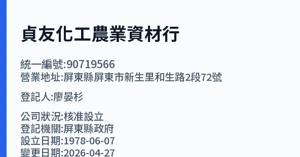 貞友化工農業資材行的照片-統編 90719566(屏東縣) 公司登記資料與營業項目詳細圖表