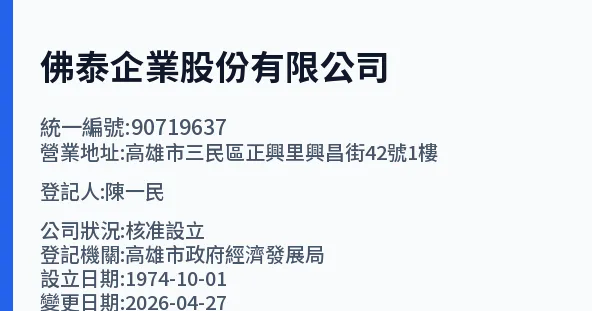 佛泰企業股份有限公司的照片-統編 90719637(高雄市) 公司登記資料與營業項目詳細圖表