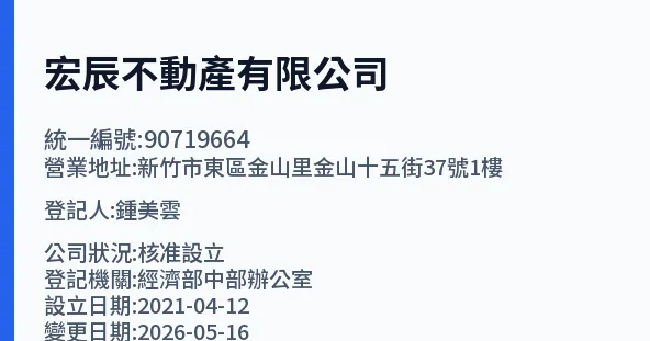 宏辰不動產有限公司的照片-統編 90719664(新竹市) 公司登記資料與營業項目詳細圖表