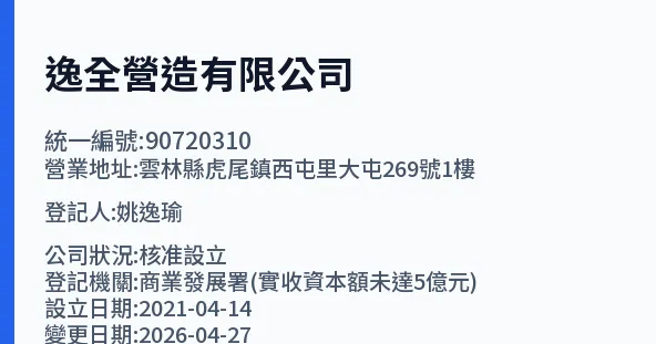 逸全營造有限公司的照片-統編 90720310(雲林縣) 公司登記資料與營業項目詳細圖表