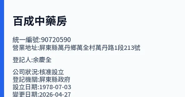 百成中藥房的照片-統編 90720590(屏東縣) 公司登記資料與營業項目詳細圖表