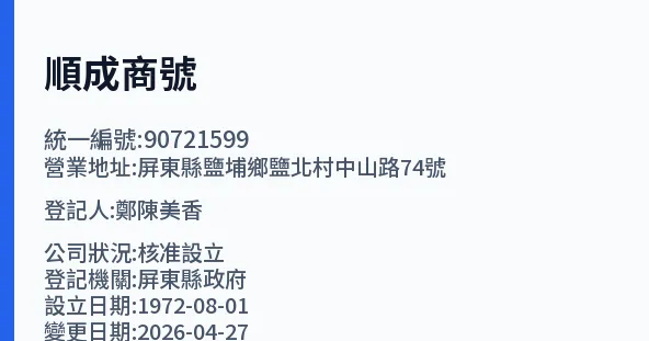 順成商號的照片-統編 90721599(屏東縣) 公司登記資料與營業項目詳細圖表