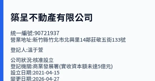 築呈不動產有限公司的照片-統編 90721937(新竹縣) 公司登記資料與營業項目詳細圖表