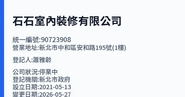 石石室內裝修有限公司的照片-統編 90723908(新北市) 公司登記資料與營業項目詳細圖表