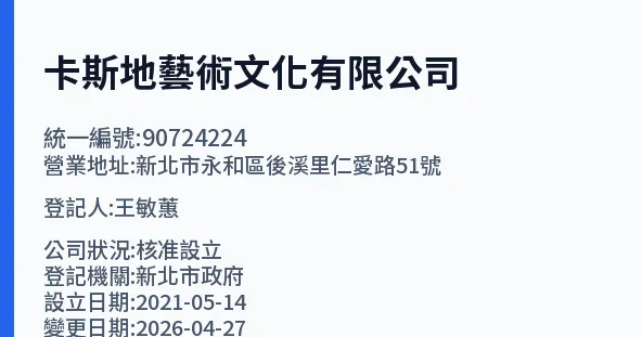 卡斯地藝術文化有限公司的照片-統編 90724224(新北市) 公司登記資料與營業項目詳細圖表