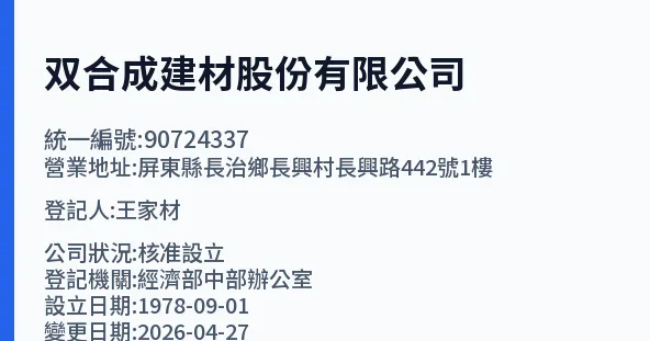 双合成建材股份有限公司的照片-統編 90724337(屏東縣) 公司登記資料與營業項目詳細圖表