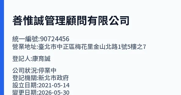 善惟誠管理顧問有限公司的照片-統編 90724456(臺北市) 公司登記資料與營業項目詳細圖表