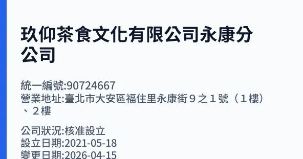 玖仰茶食文化有限公司永康分公司的照片-統編 90724667(臺北市) 公司登記資料與營業項目詳細圖表